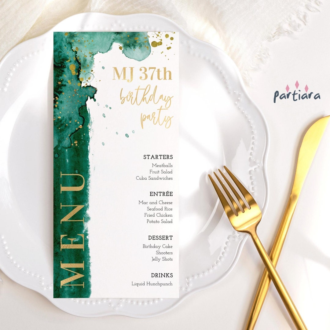 Birthday Menu Card, Emerald Green and Gold Party Table Menus Decor ...