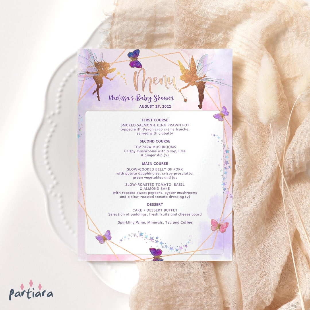 Pink Lilac Fairy Butterfly Menu Card Printable Girl Baby - Etsy
