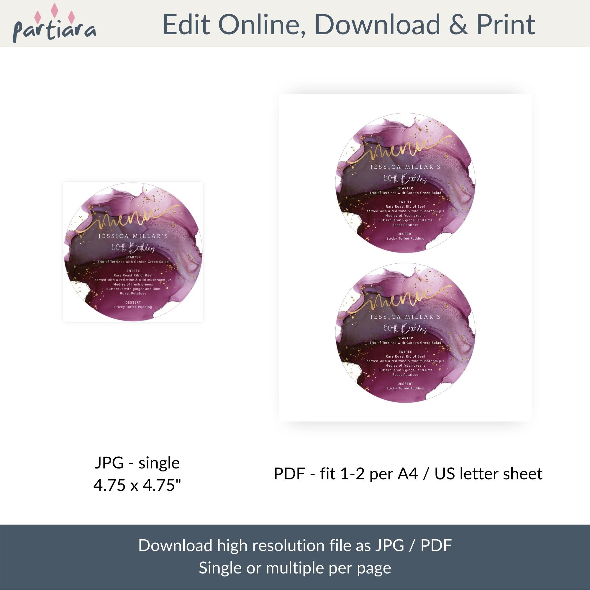 Maroon Gold Plate Charger Menu Card Printable Small Plates - Etsy