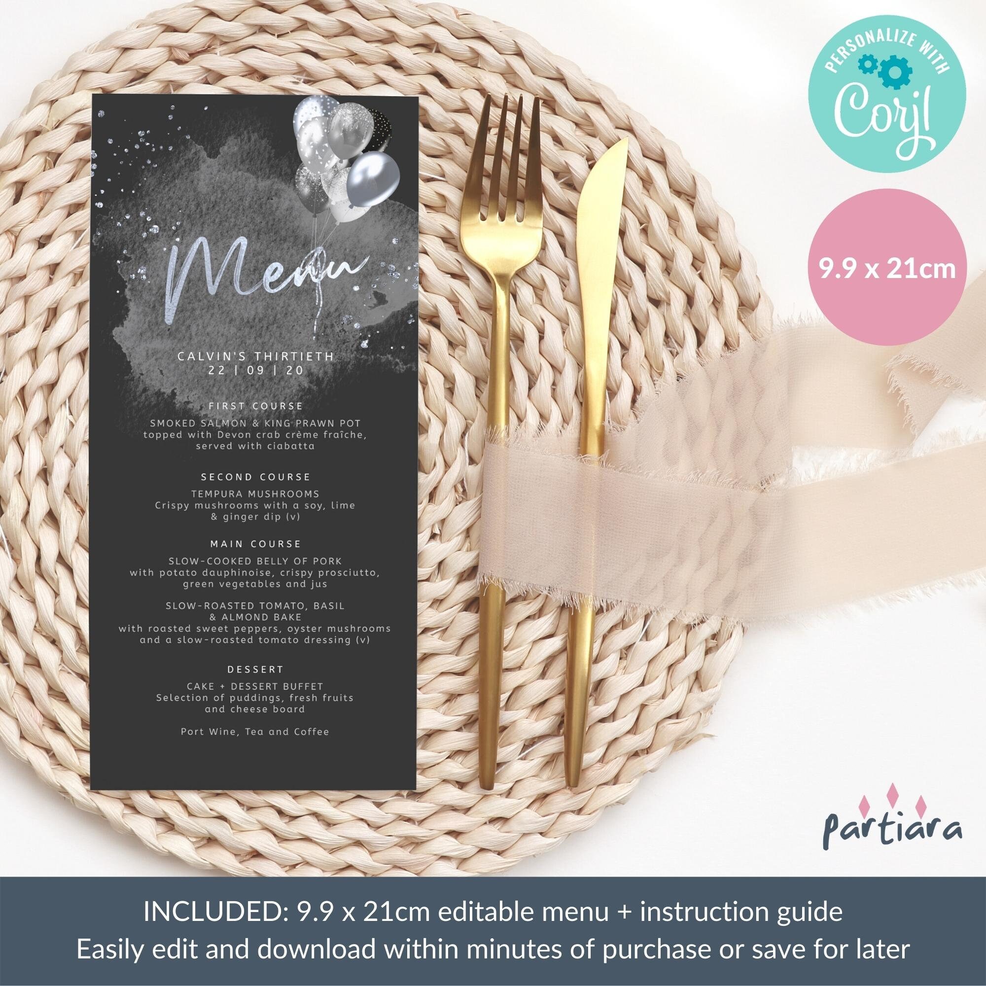 Editable Black and Silver Menu Template, Birthday Party Dinner Menus ...