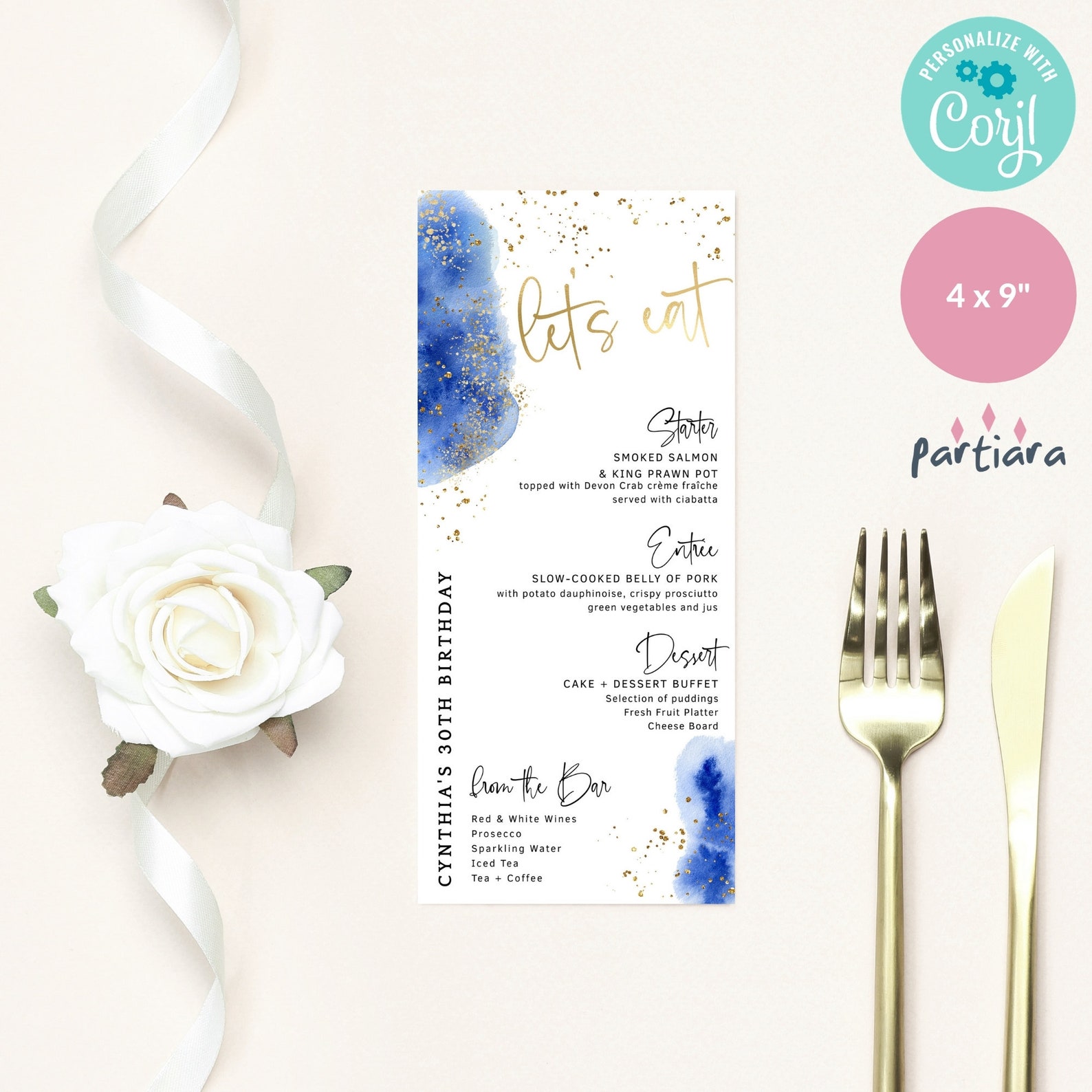 Editable Blue Menu Template, Royal Blue Birthday Menus Printable ...
