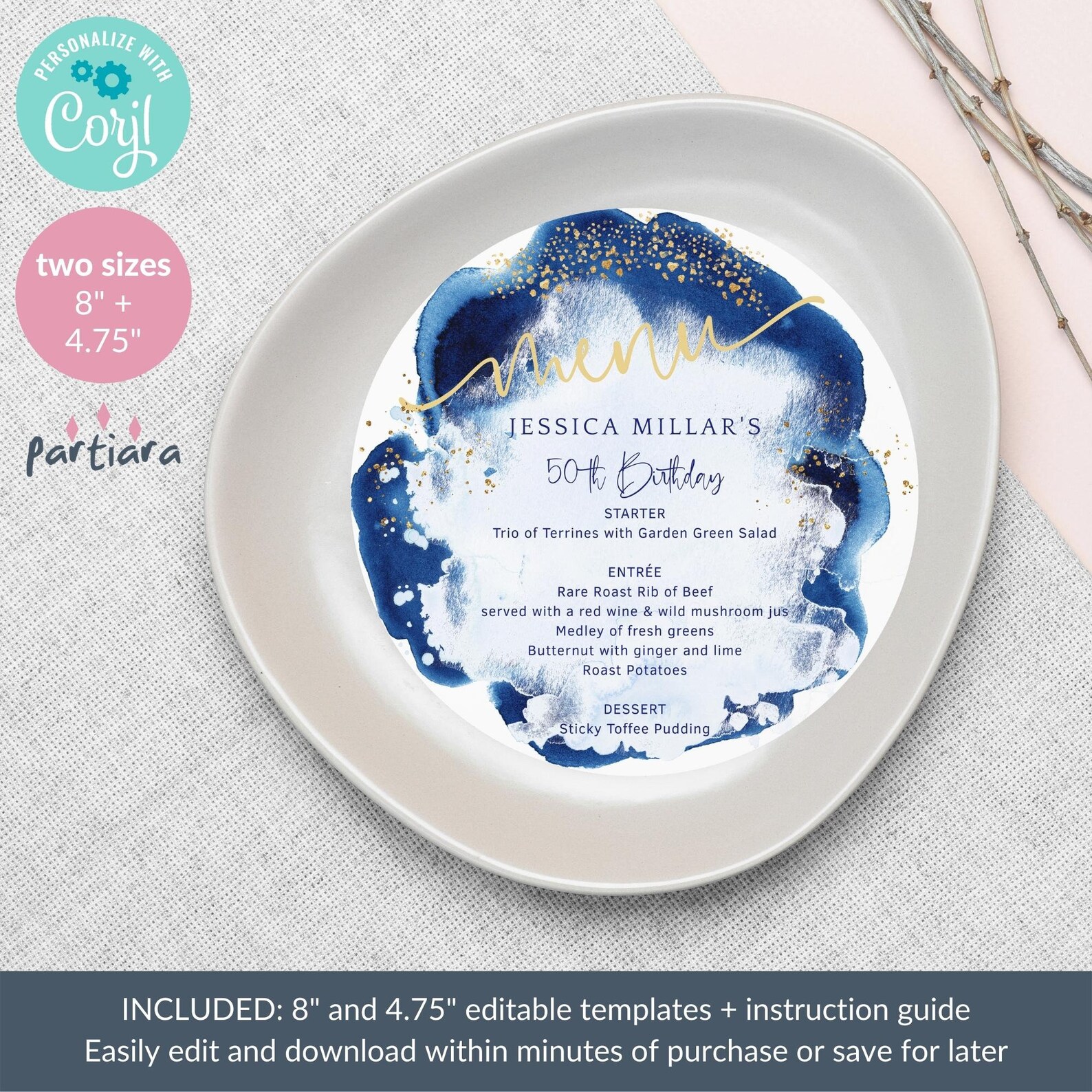 Blue Round Menu Card Template, Birthday Plate Insert Menus Printable ...