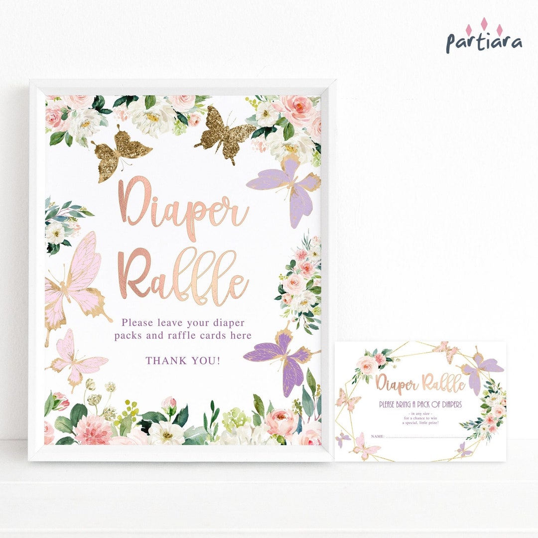 Butterfly Diaper Raffle Sign and Tickets Set, Girl Baby Shower Party ...