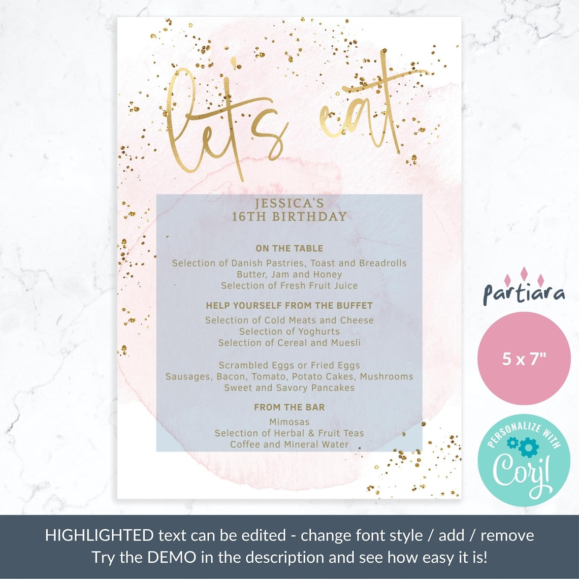 Pastel Pink Menu Template, Birthday Brunch Menus Printable, Teen Girls ...