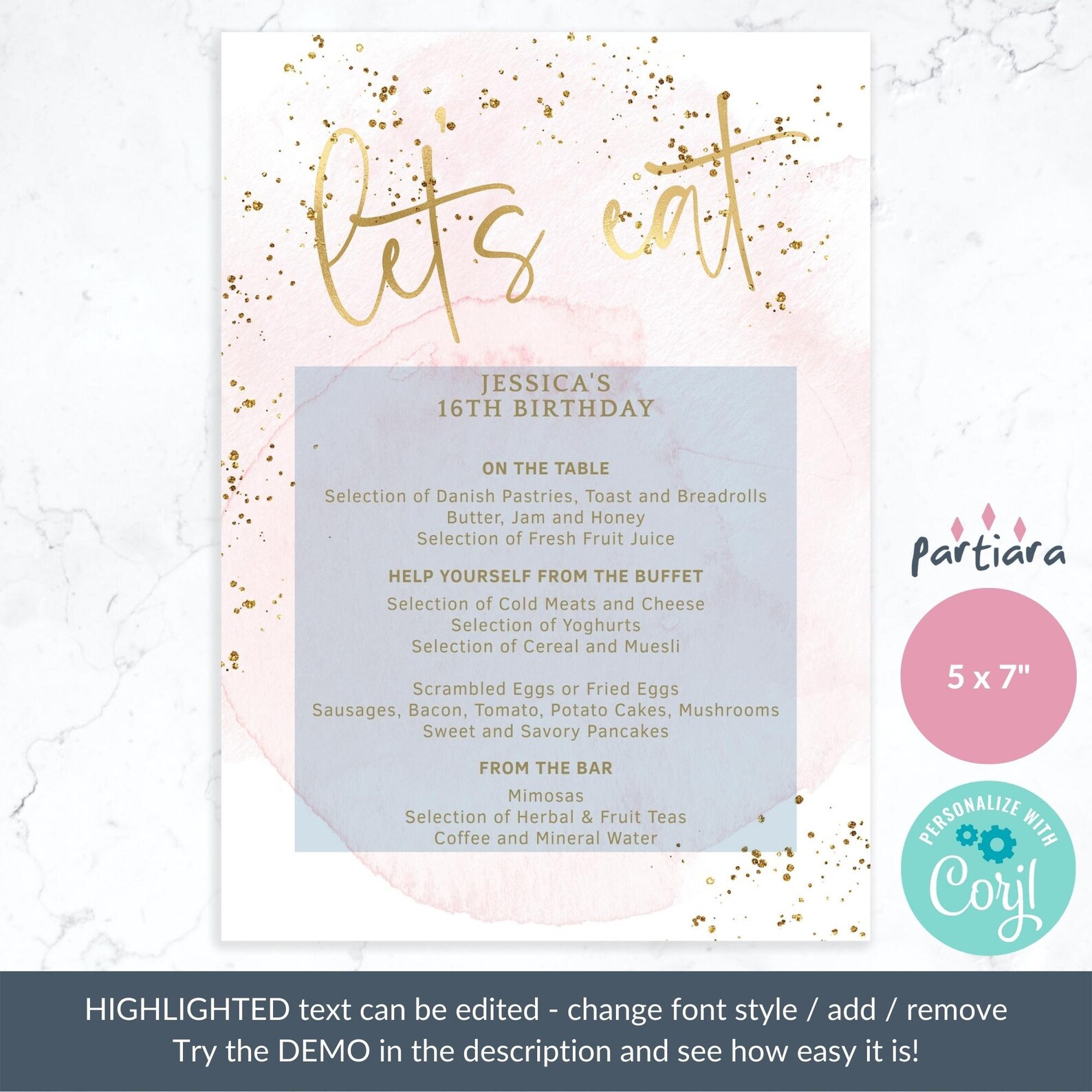 Pastel Pink Menu Template, Birthday Brunch Menus Printable, Teen Girls ...