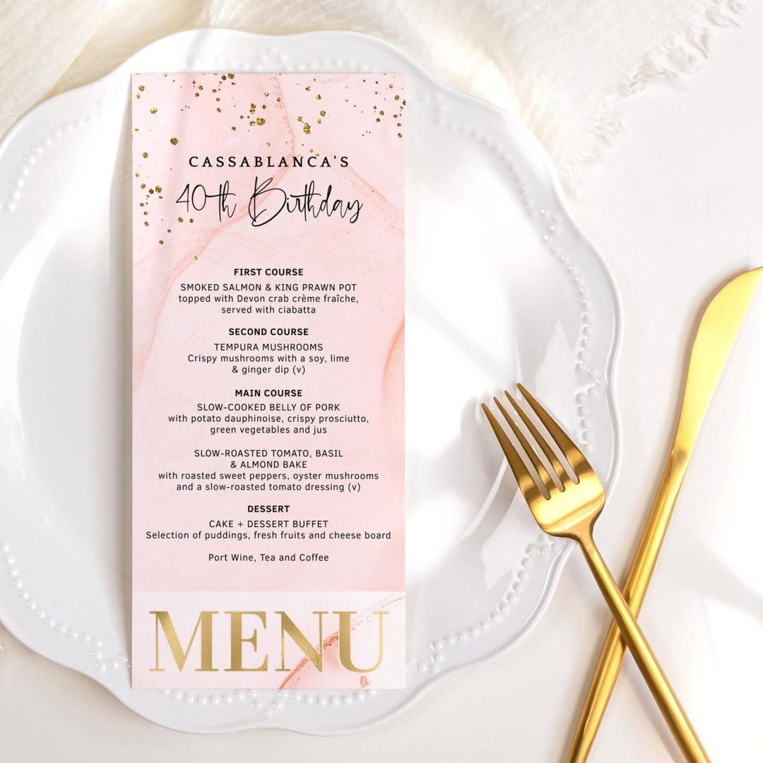 Pink Brunch Menu Card Editable Template, Birthday Dinner Menus ...