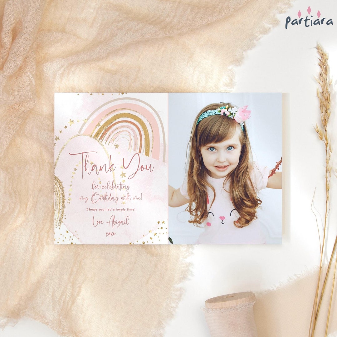 Rainbow Thank You Card Boho Birthday Template for Girls, Party Thankyou ...