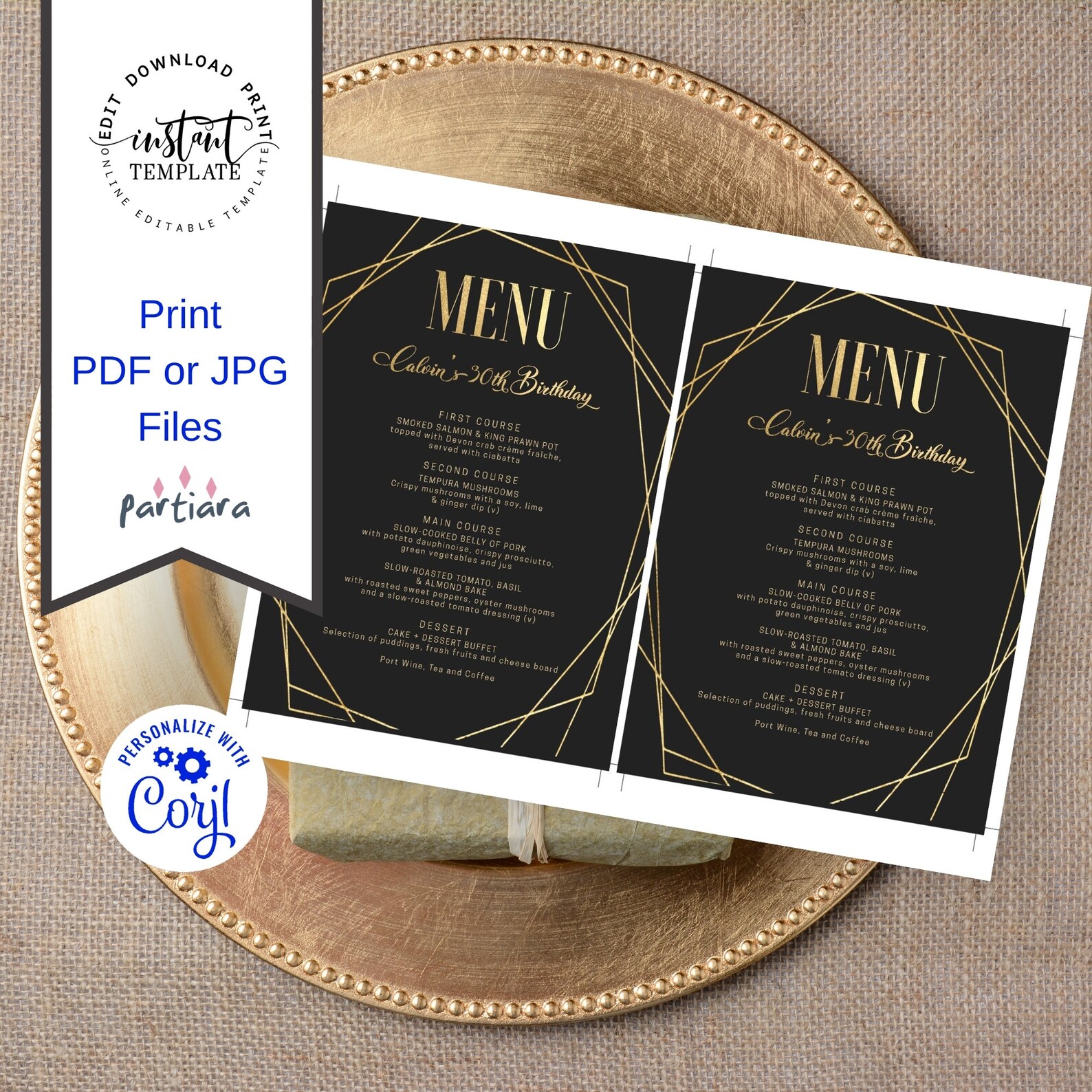 Menu Cards Black and Gold Birthday Dinner Menus Editable Menu | Etsy
