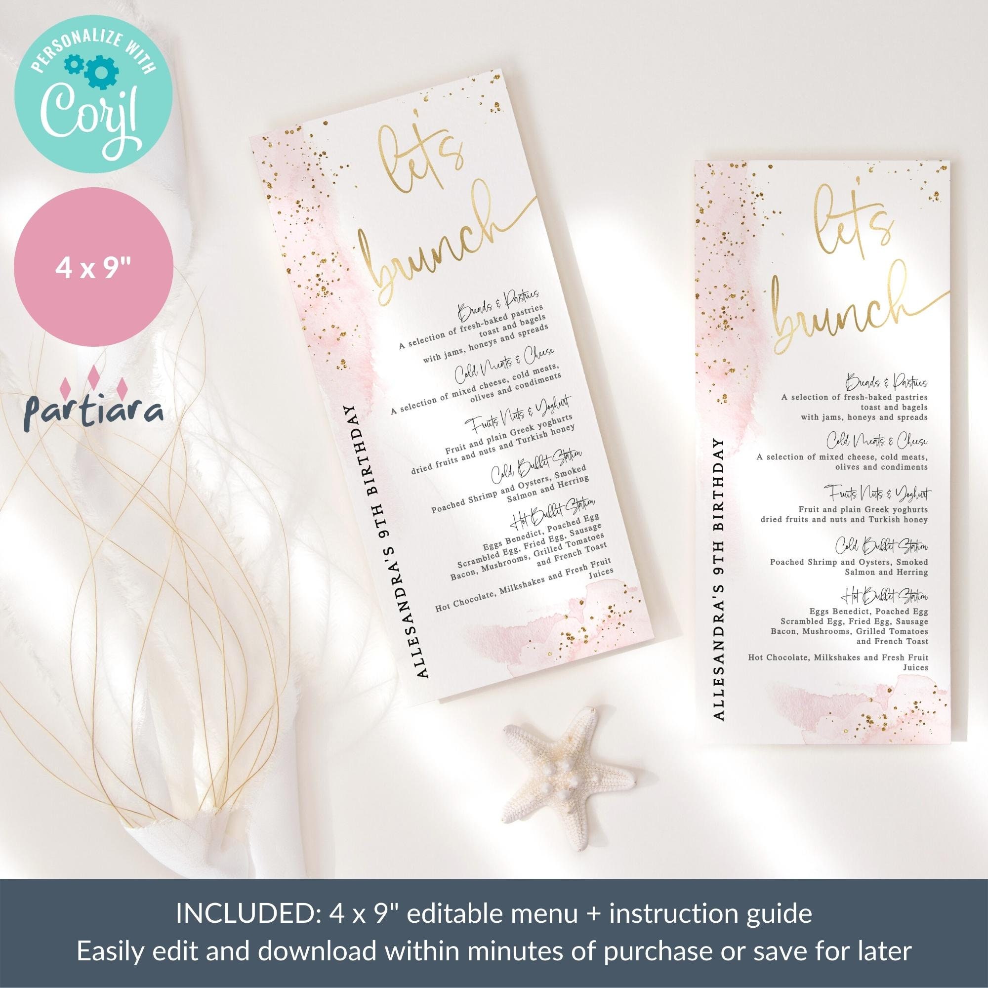 Birthday Brunch Menu Card Printable Girl Party Table Menus | Etsy