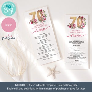Floral 70th Birthday Menu Template, Editable Pink Red Rose Table Menus ...