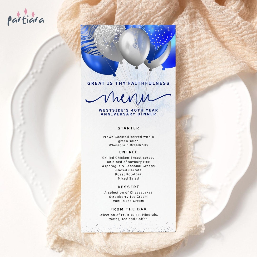 Royal Blue Menu Cards Editable Silver Balloons Party Menus Printable ...