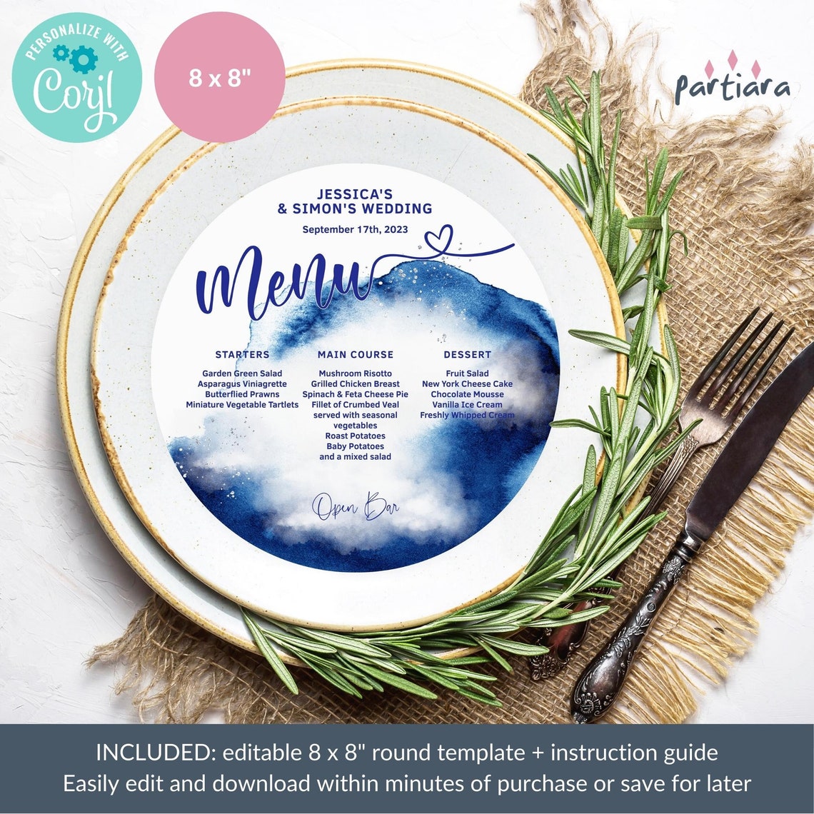 Blue Menu Plate Insert Card, Table Charger Menus Printable, Men or ...