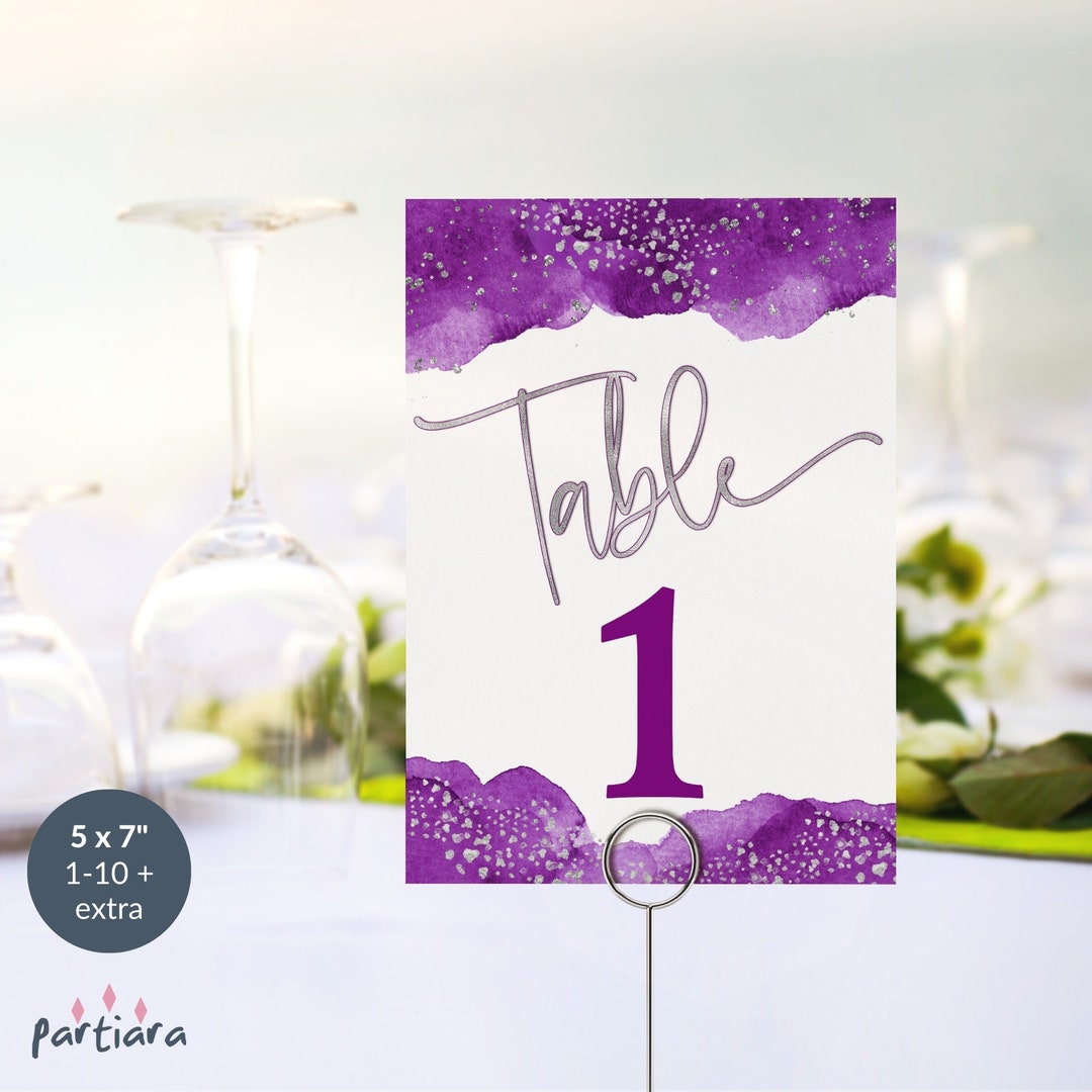 Purple Table Number Cards Template, Birthday Dinner Table Numbers ...