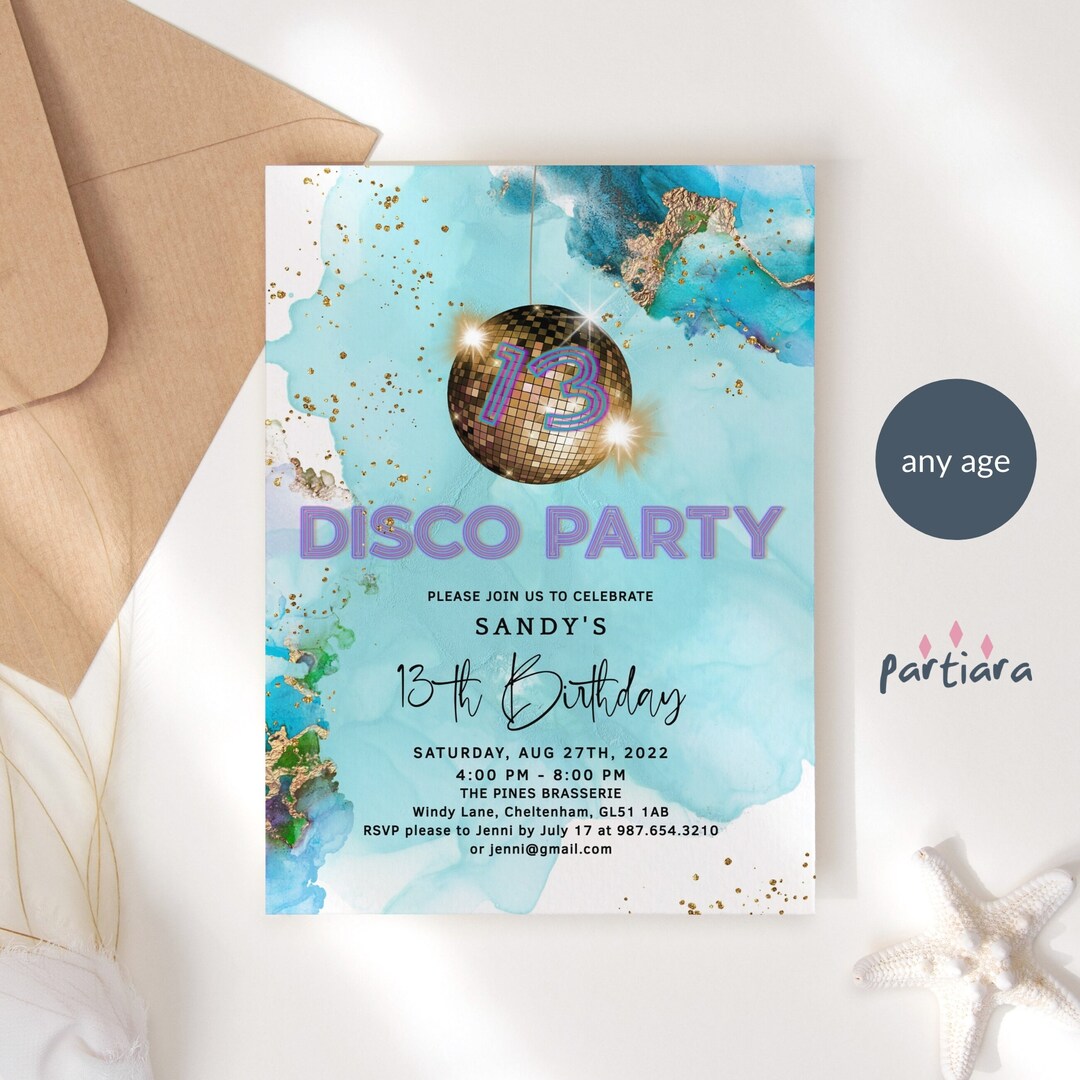 Teal Gold Disco Party Invitation Editable Teen Girl 13th Birthday ...
