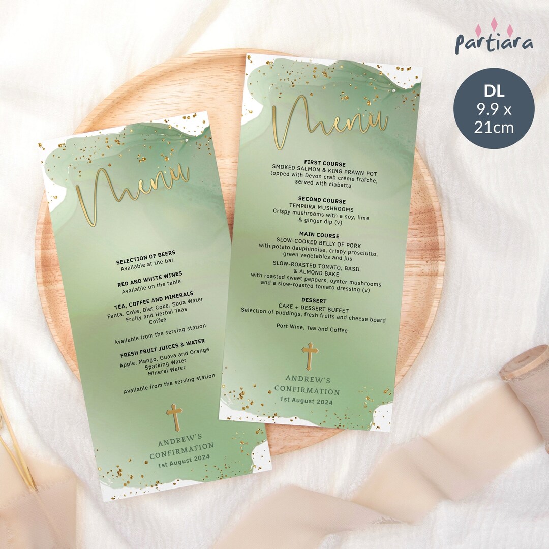 Sage Green Menu Baptism Table Decor Printable, Green Gold Christening ...