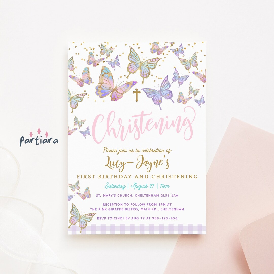 Editable Christening Invitation Template Girl Pastel Rainbow ...