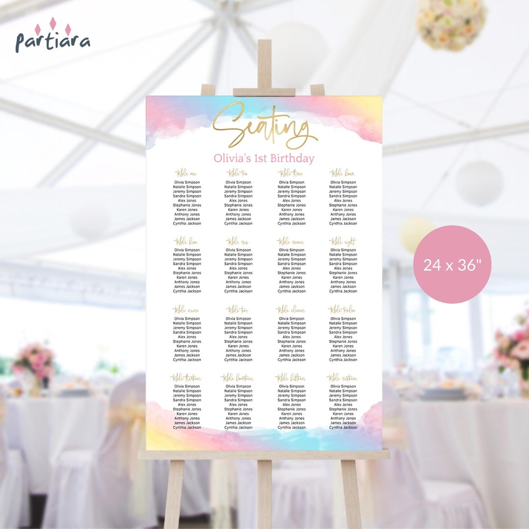 Rainbow Seating Chart Template, Girls 1st Birthday Party Table Seating ...