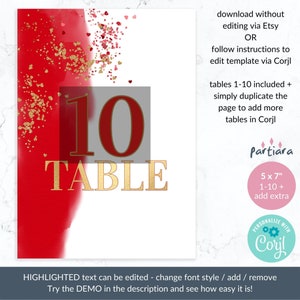 Red Gold Table Numbers Printable Ladies Birthday Party Tables Decor ...