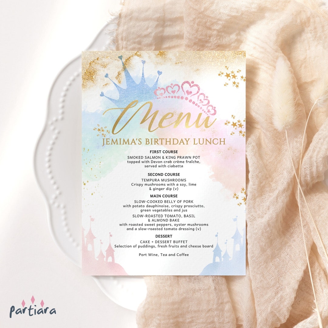 Gender Reveal Menu Card, Princess Baby Shower Menus Printable, Boy Girl ...