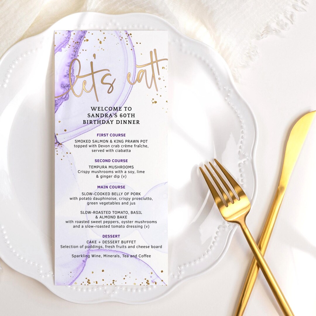 Purple Birthday Menu, Dinner Party Table Menus Printable, Ladies or ...