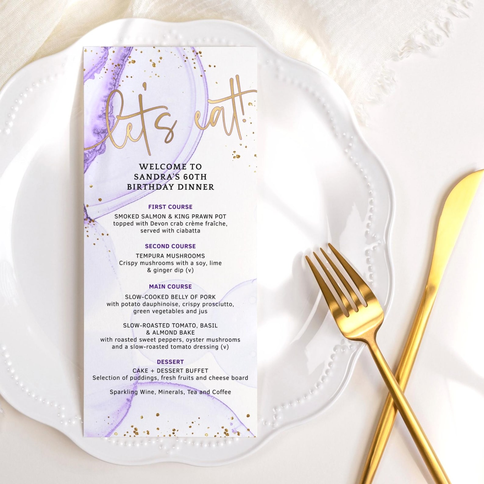Purple Birthday Menu, Dinner Party Table Menus Printable, Ladies or ...