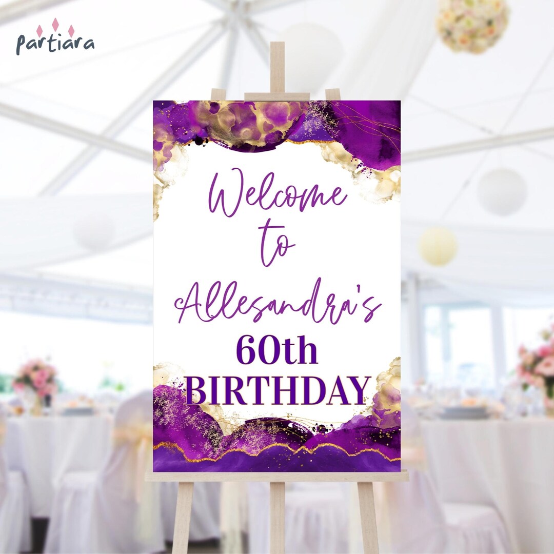 Ladies Birthday Welcome Sign Printable Purple Gold Editable Template ...