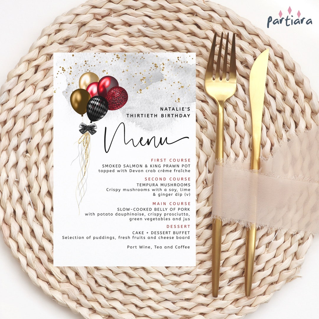 Red Dinner Menu Template, Birthday Table Menus Printable, Mens ...