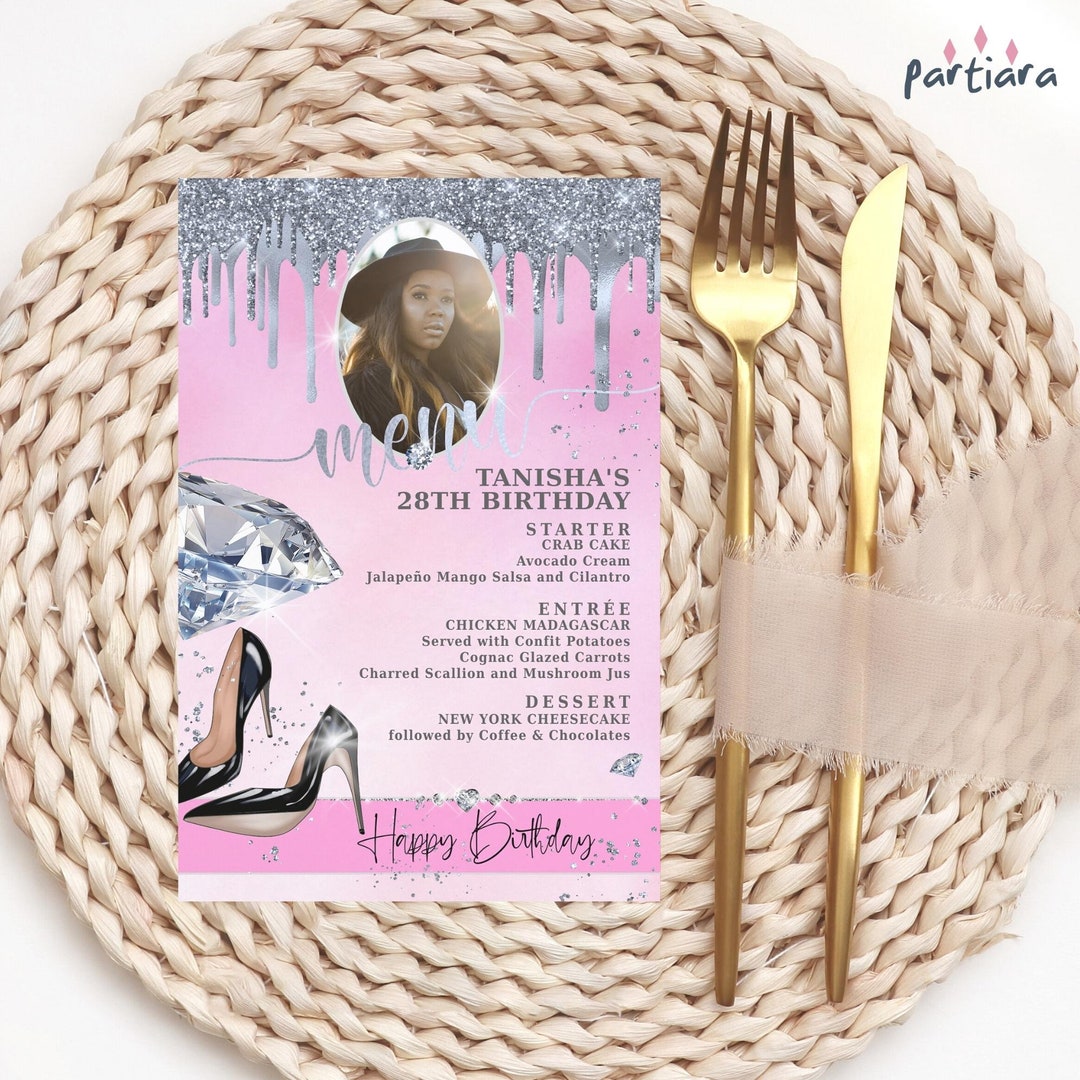 Pink Birthday Menu Cards Printable, Ladies Photo Menu Template, Dinner ...