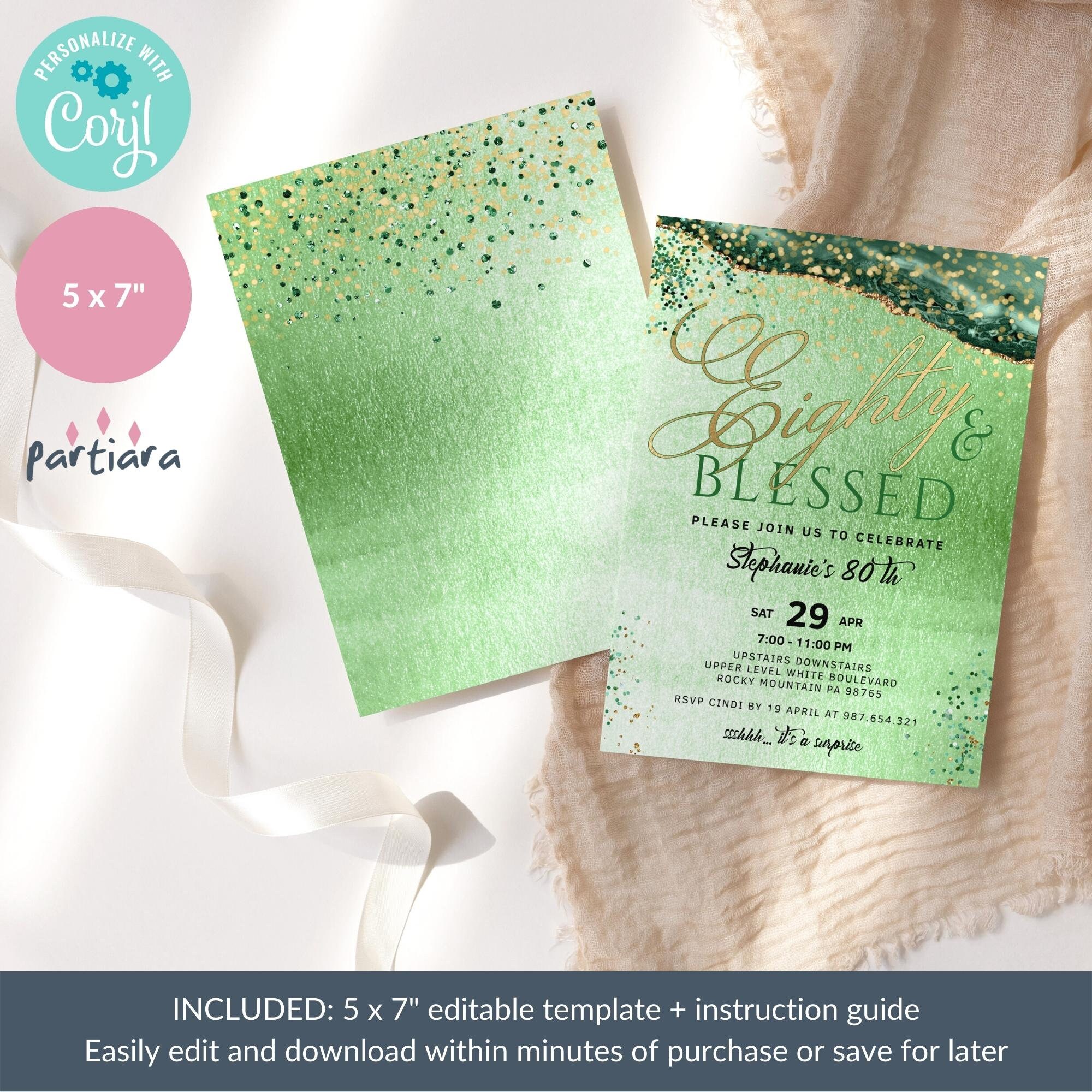80th Birthday Invite Eighty and Blessed Party Invitations Green and ...