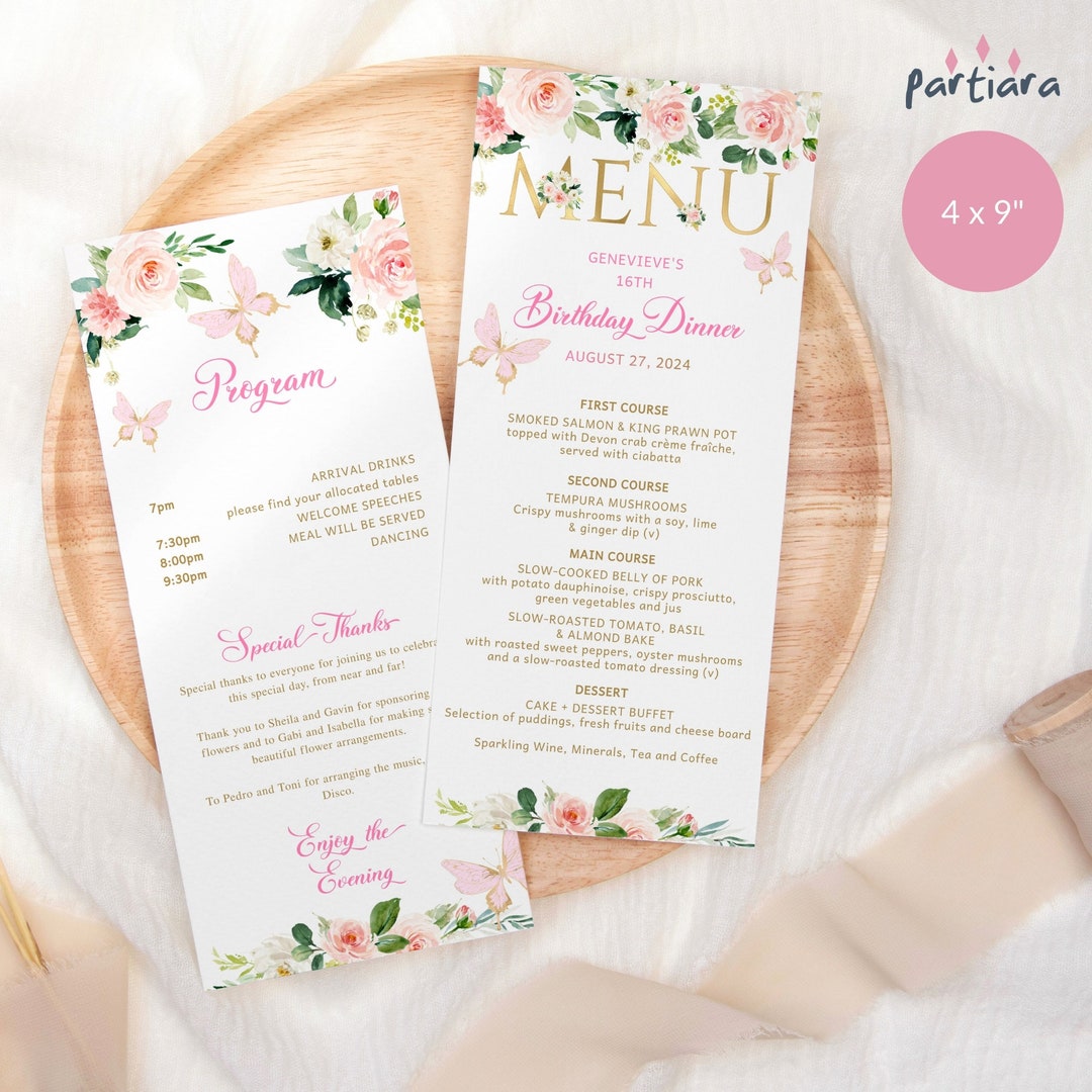 Pink Floral Menu Program Editable Template, Girl's 16th Birthday ...