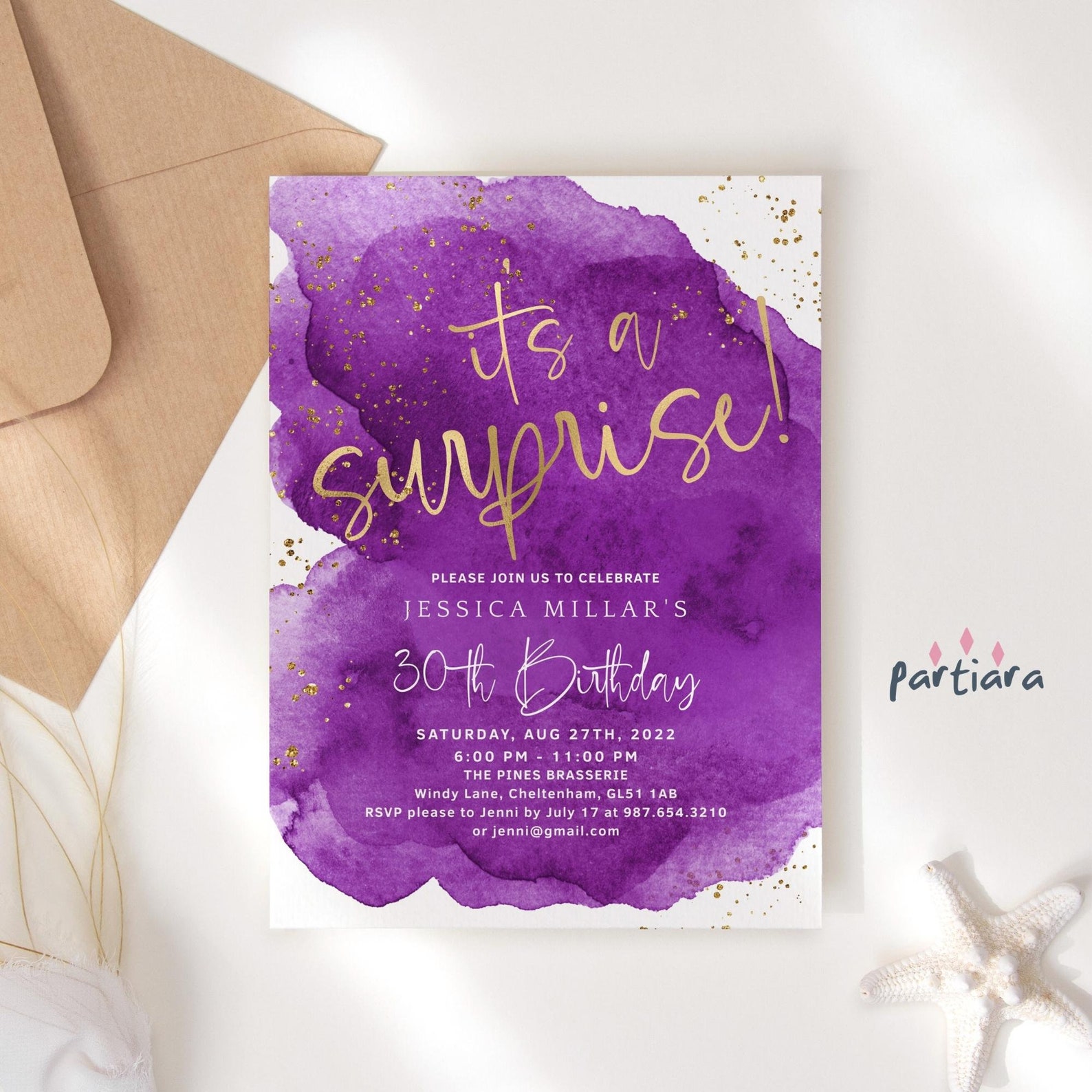 Royal Purple Surprise Party Invitation Printable Ladies Birthday Invite ...