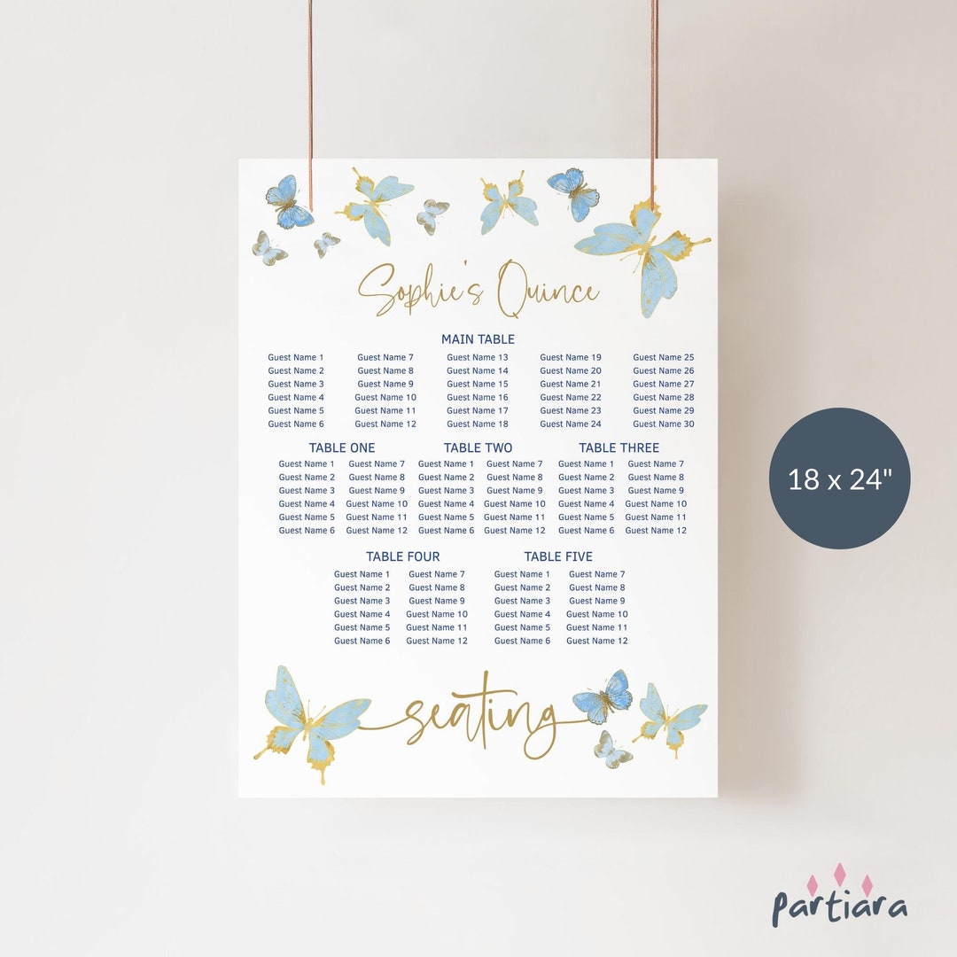 Butterfly Seating Chart, Girls Quinceanera Birthday Seating Sign, Blue ...