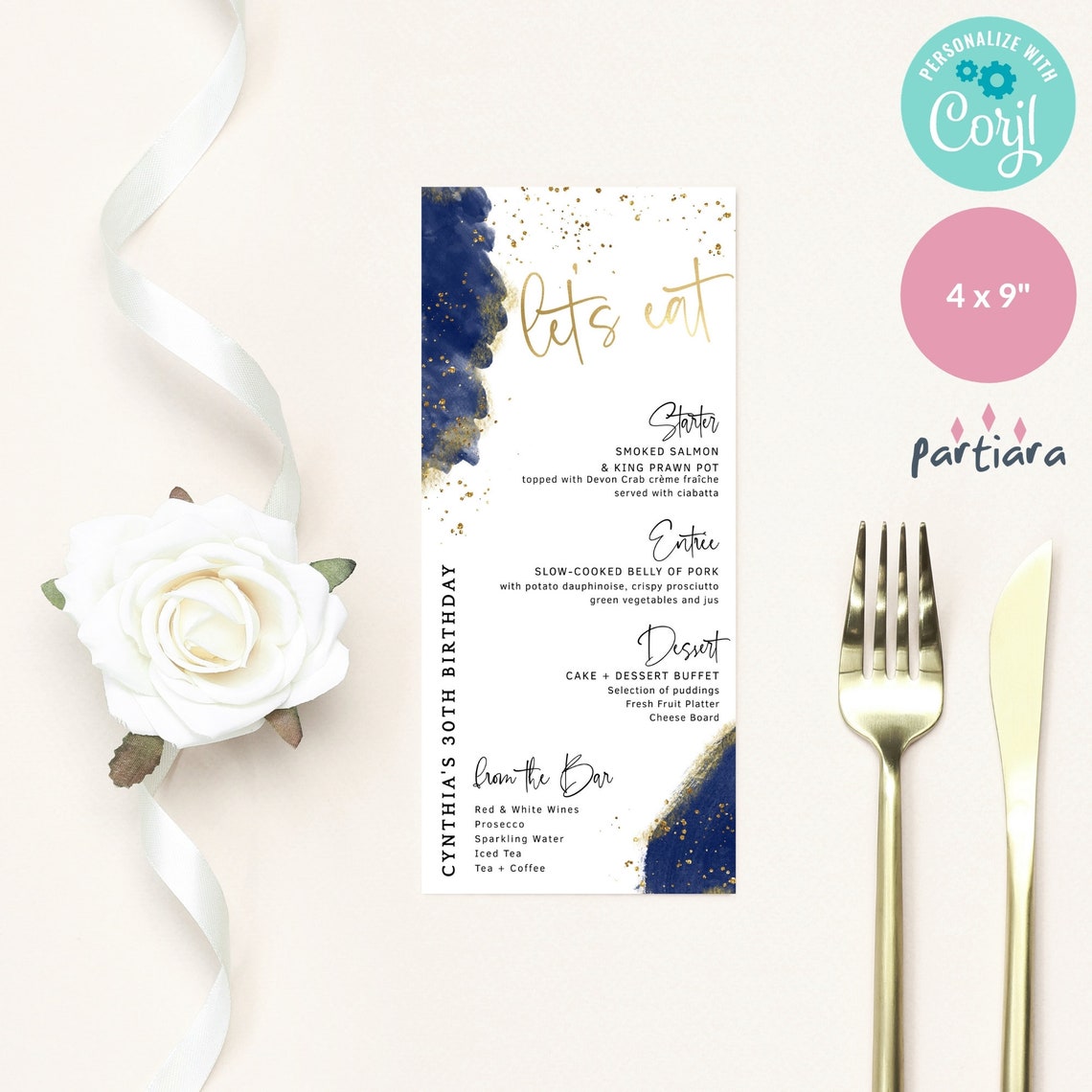 Blue Gold Menu Card Editable Template Birthday Party Dinner | Etsy