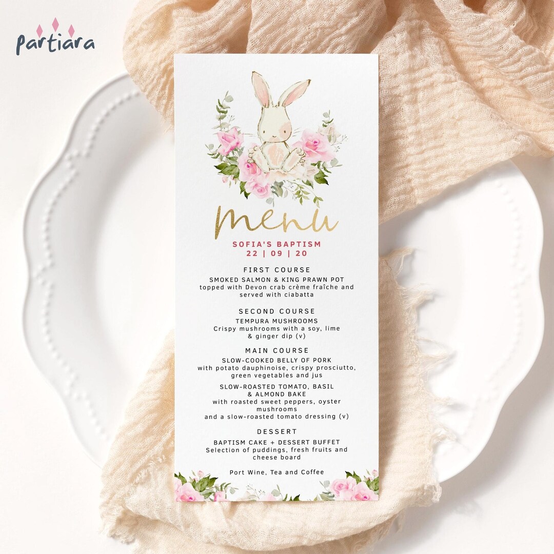 Editable Bunny Menu Card Girl Baptism Printable Table Menus Template ...