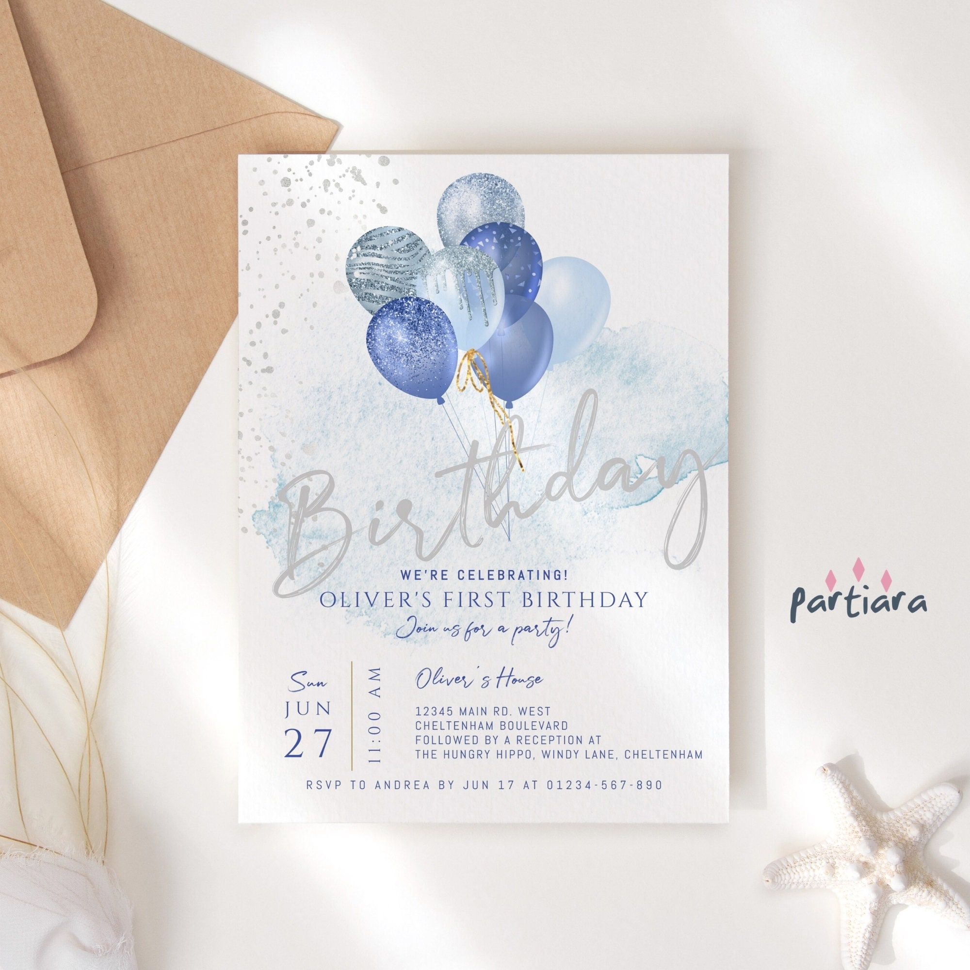 Editable Birthday Balloons Invitation Template Baby Boy 1st | Etsy