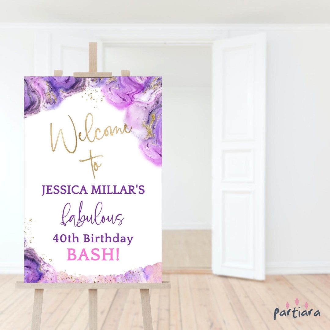 Ladies Birthday Welcome Sign Board Printable Pink Lilac Purple Gold ...