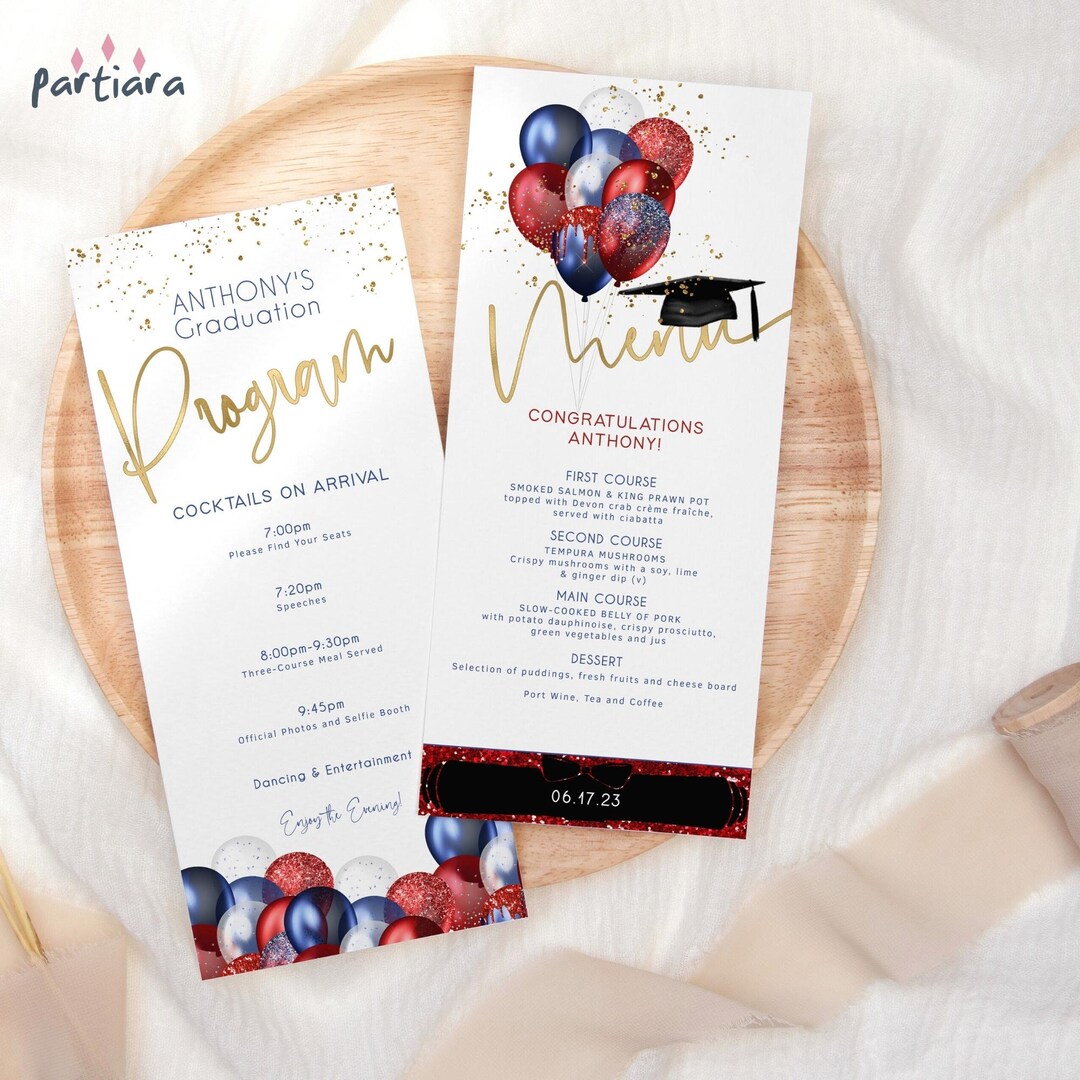 Graduation Menu Program Red Blue White Balloons Editable Table Menus ...