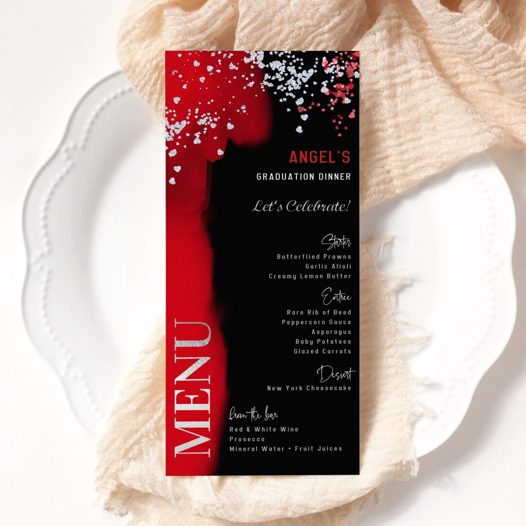 Red Silver Black Menu Card Printable Graduation Dinner Party Table ...