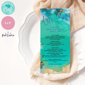 Editable Table Menu Card Template, Turquoise Blue Gold Birthday Menus ...