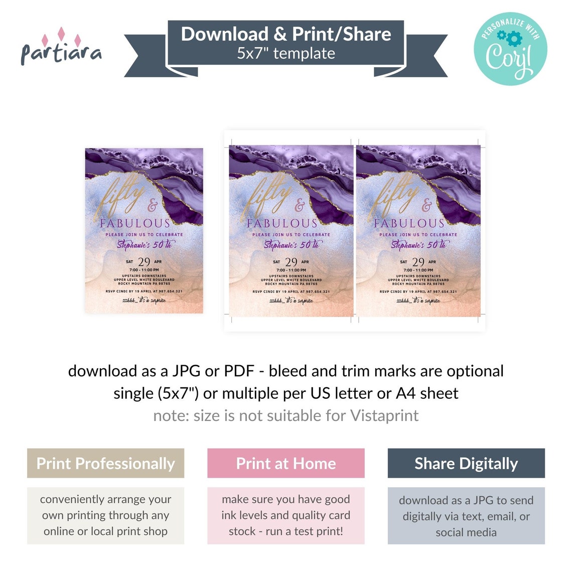 Fifty and Fabulous 50th Birthday Invitation Printable Lavender - Etsy