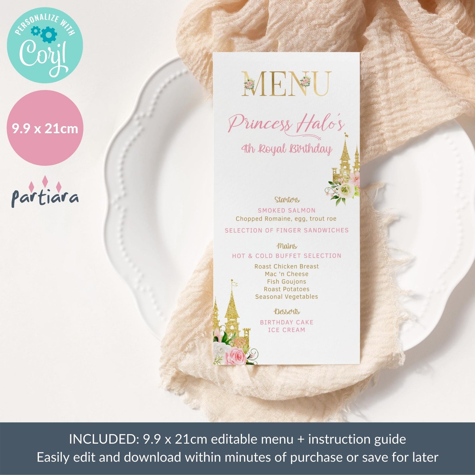 Princess Baby Shower Menu Printable Girl 1st Birthday Party Table Menus ...