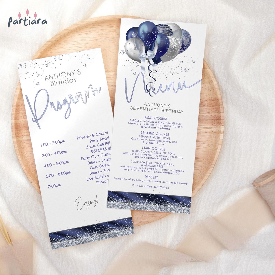 Party Program Template Menu Card Printable, Navy Blue Silver Birthday ...