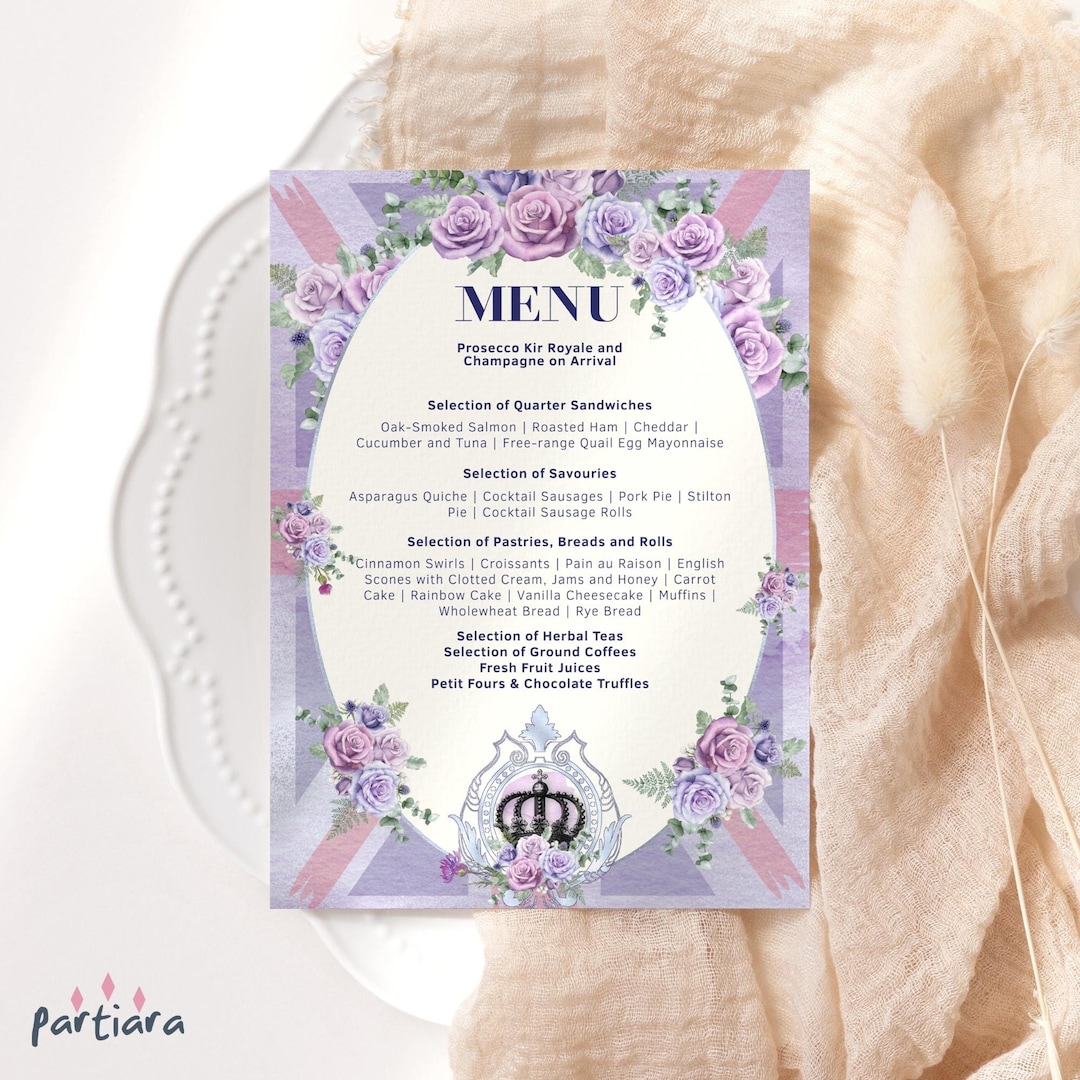 Royal Birthday Menu Card Template Queens Floral Tiara 70th - Etsy