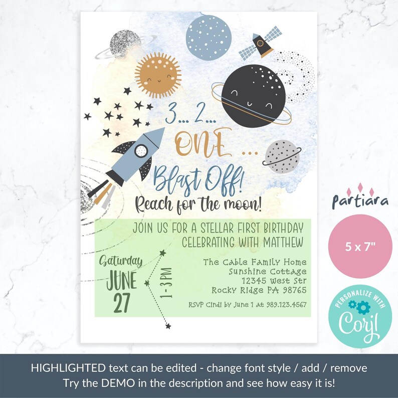 Space 1st Birthday Invitation, 3-2-1 Reach for the Moon Invite ...
