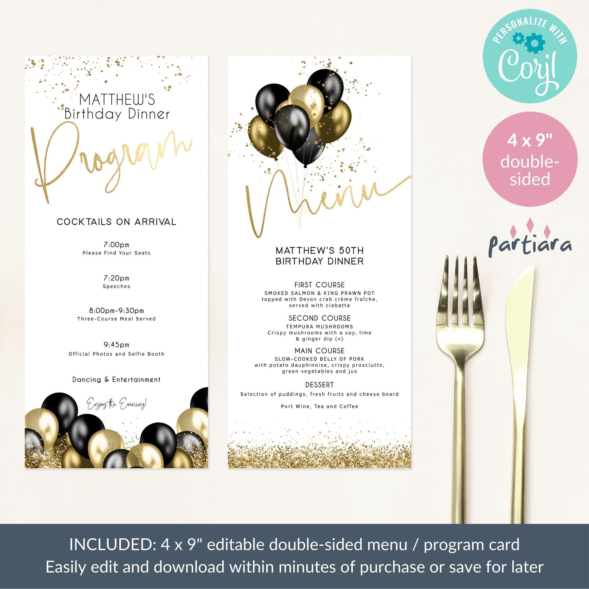 Black Gold Menu Program Card Editable Template Men or Ladies - Etsy