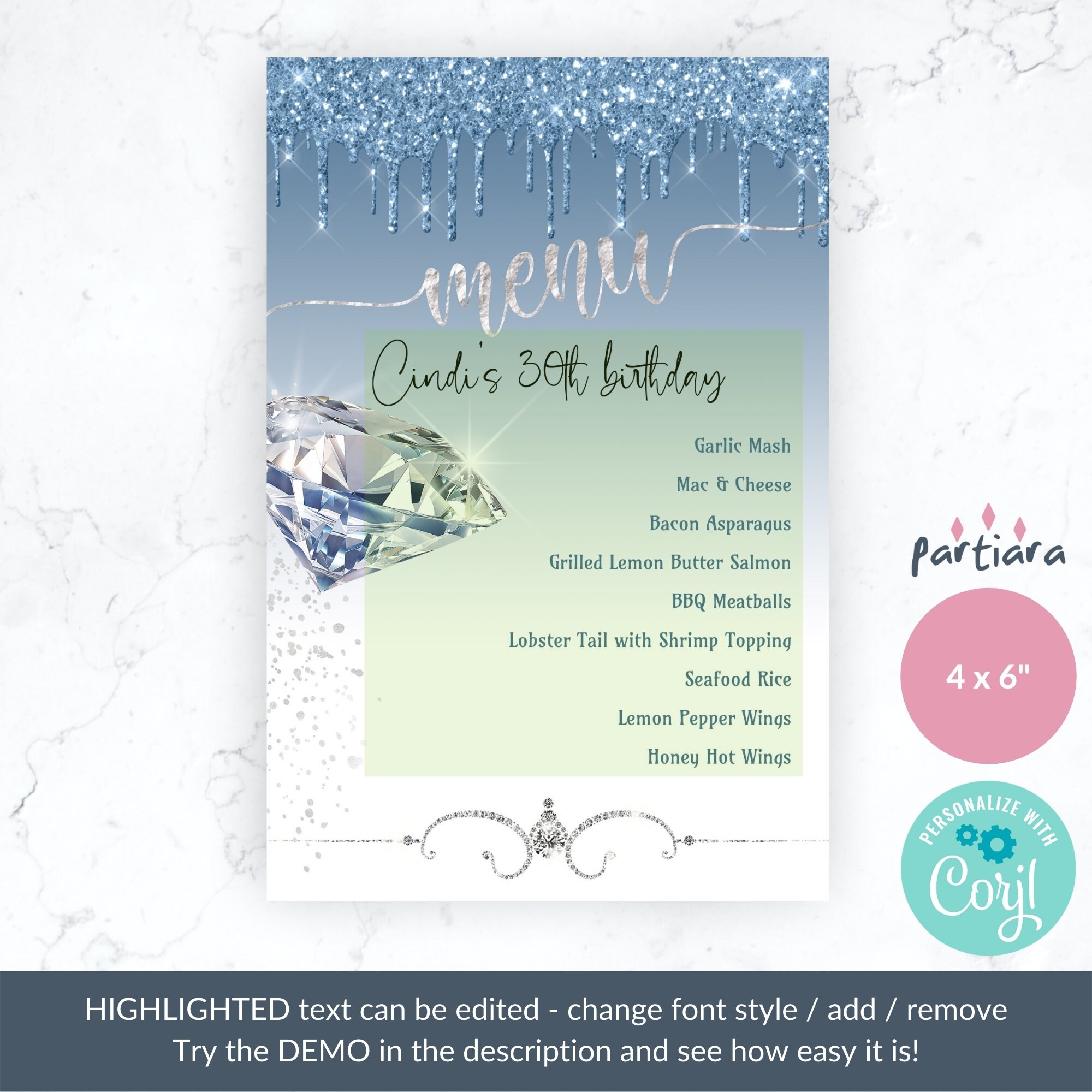 Printable Silver Diamond Blue Glitter Table Menus Any Age Adult Party ...