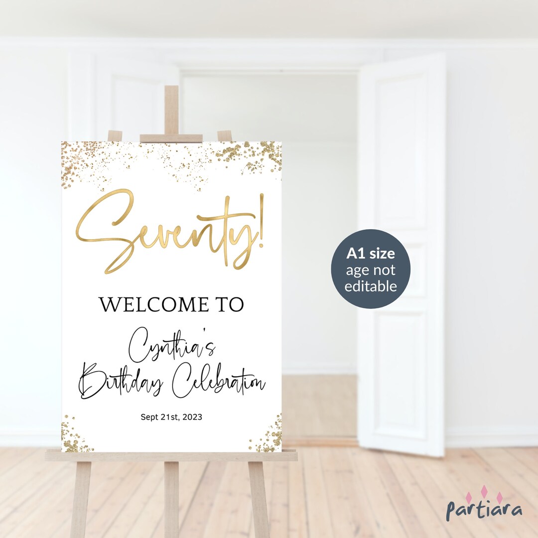 70th Birthday Welcome Sign All White Gold Dinner Party Poster ...