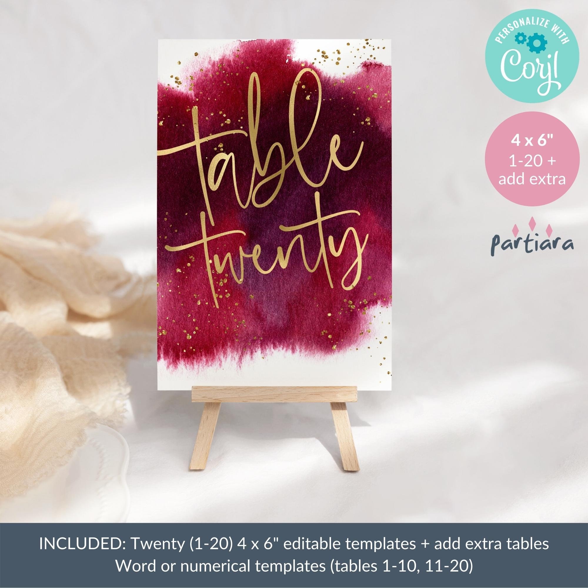 Red Table Numbers Wedding Reception Printable, Ruby and Gold Christmas ...