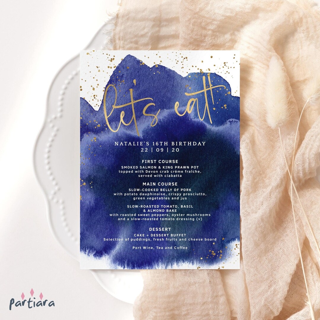 Royal Blue Dinner Party Menus Printable Blues and Gold - Etsy