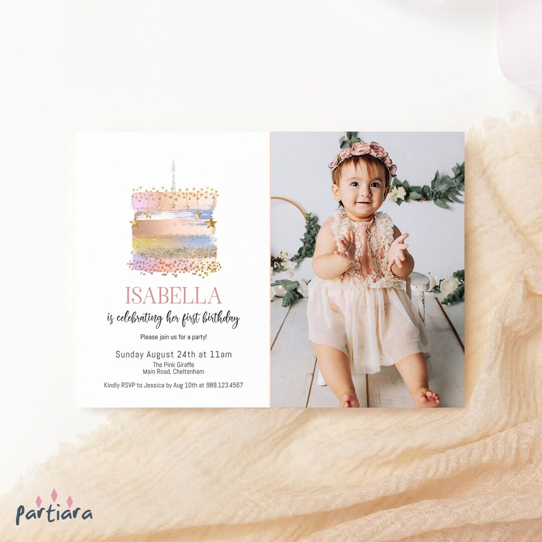 First Birthday Tea Party Invitation Girls 1st Birthday Photo Invites ...